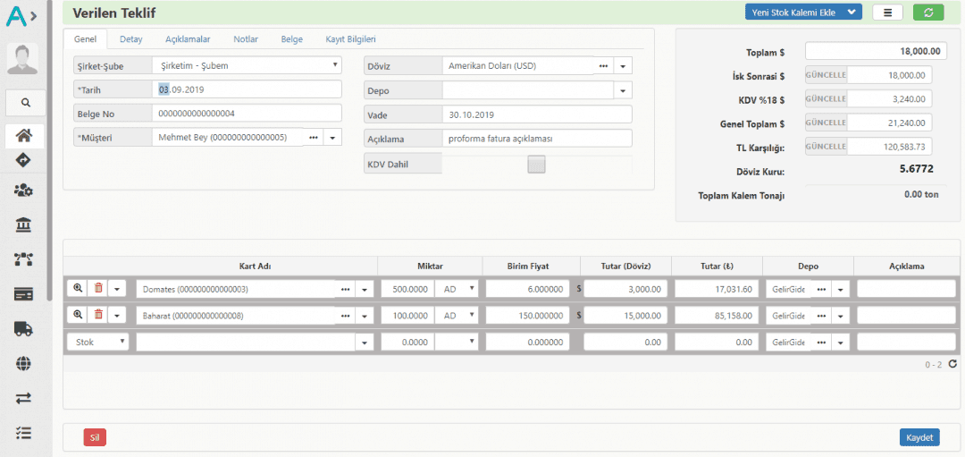 Proforma Fatura - Aaro ERP ve Üretim Programı